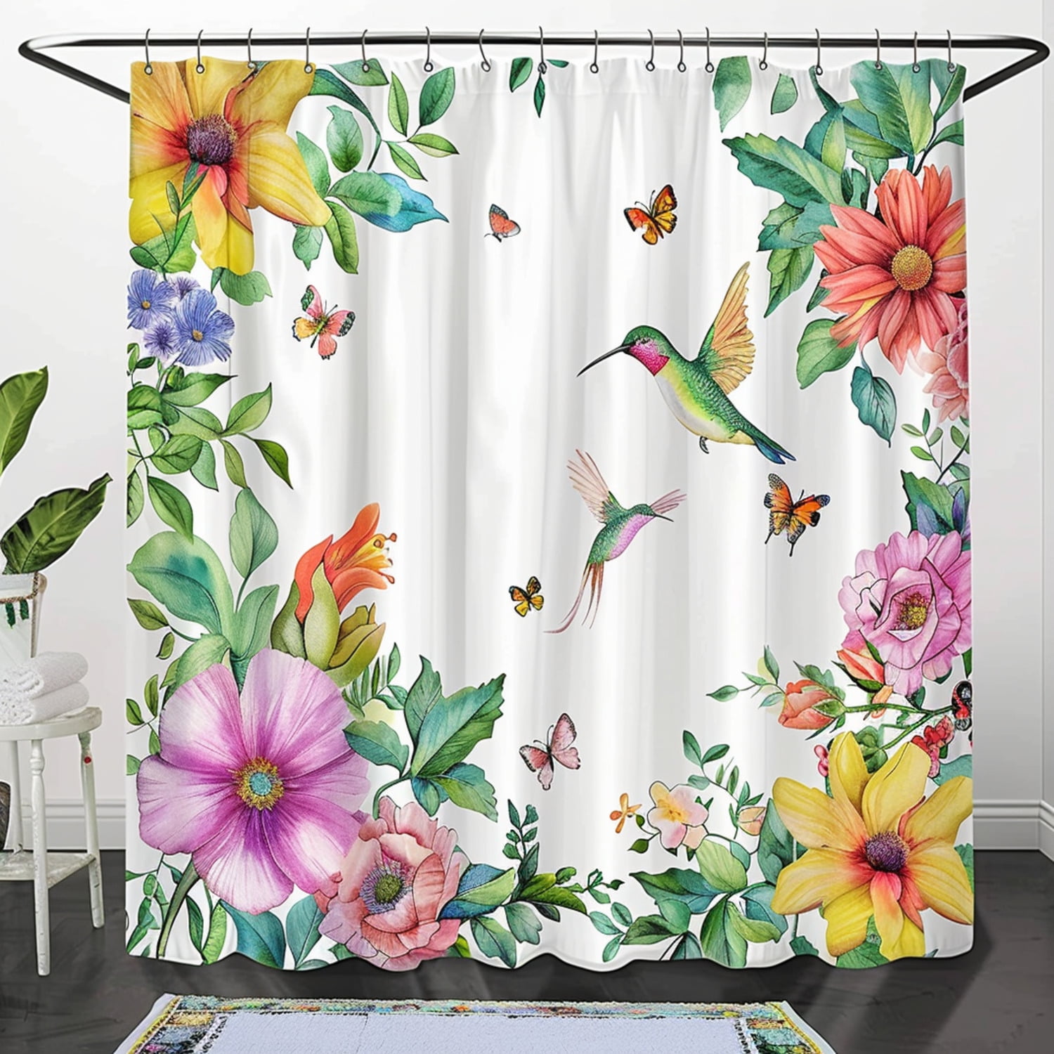Watercolor Floral Hummingbird Shower Curtain Modern Bathroom Decor With