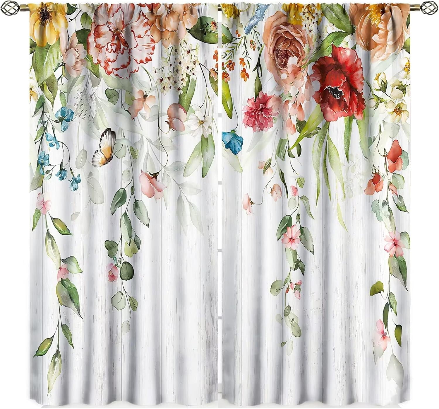 Watercolor Floral Kitchen Curtains Colorful Flower Curtains Rustic Leaves Plants Spring ...