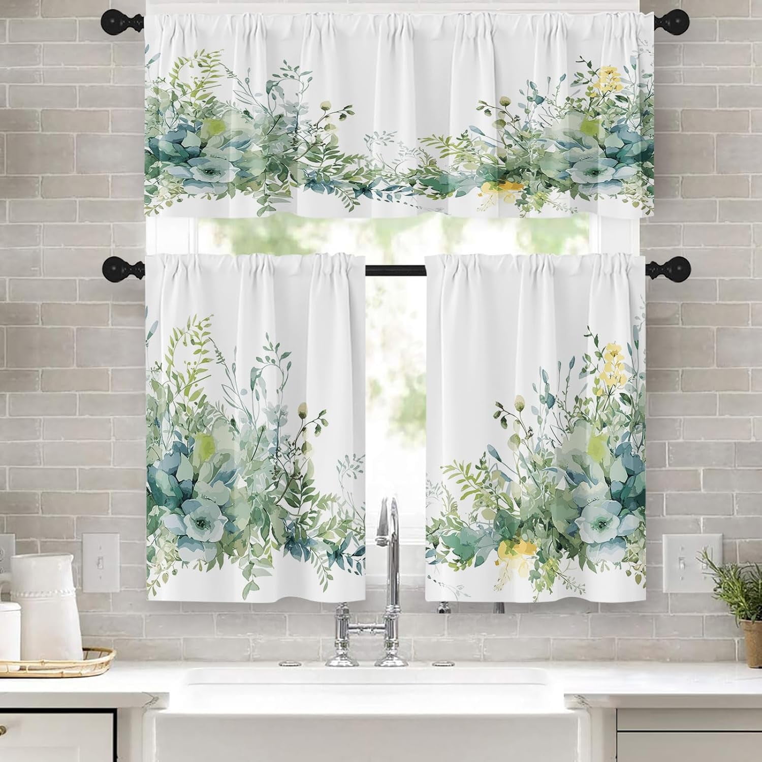 Watercolor Floral Kitchen Curtains Green Window Curtains Valance and ...