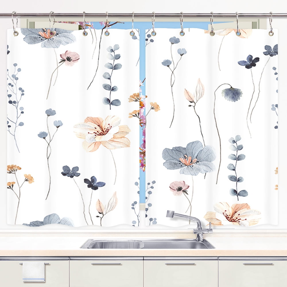 Watercolor Floral Kitchen Curtains Pink Flower Plant Small Short Cafe ...