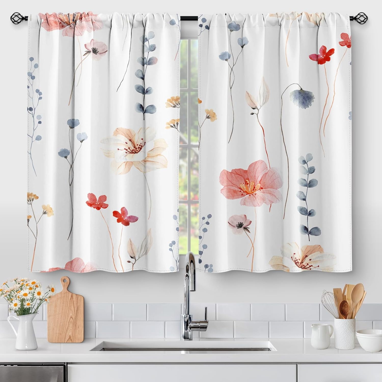 Watercolor Floral Kitchen Curtains - Pink Flower Spring Tier Cafe ...