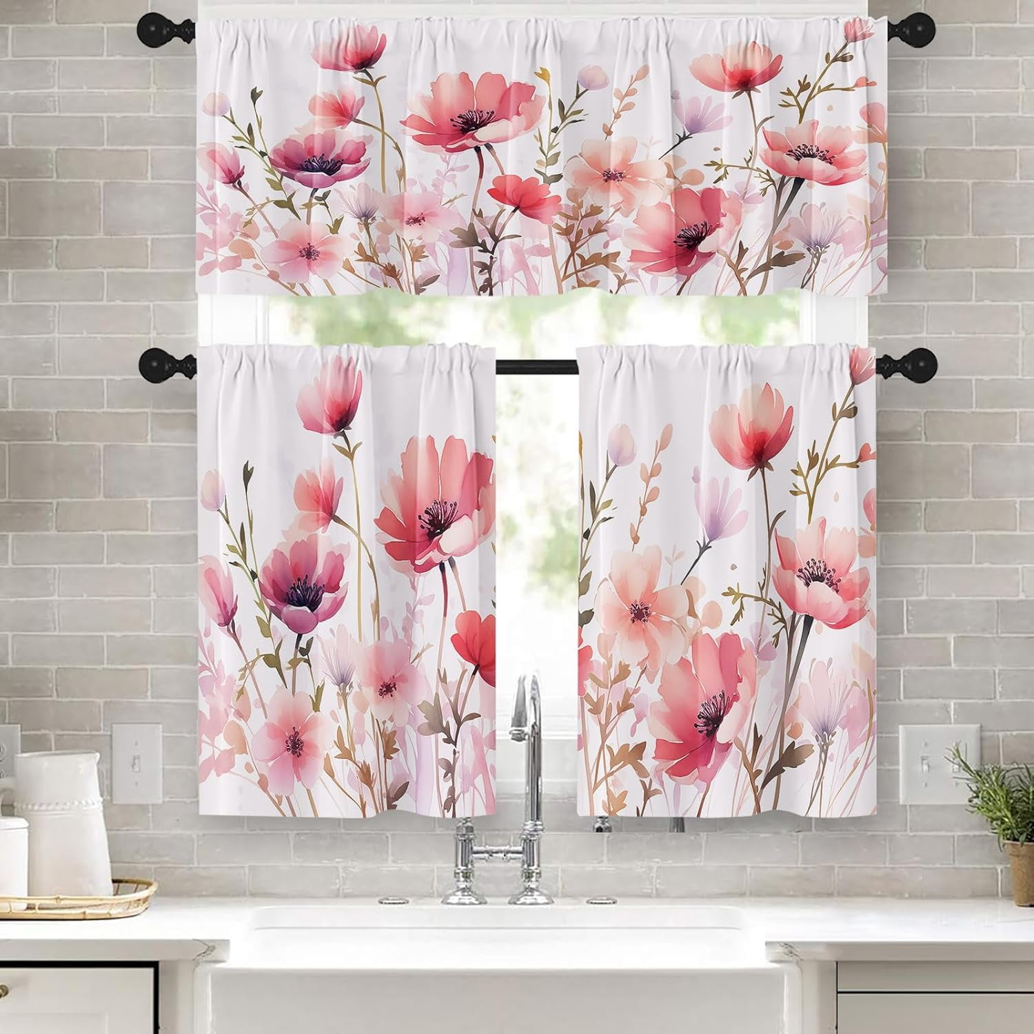 Watercolor Floral Kitchen Curtains Pink Window Curtains Valance and ...