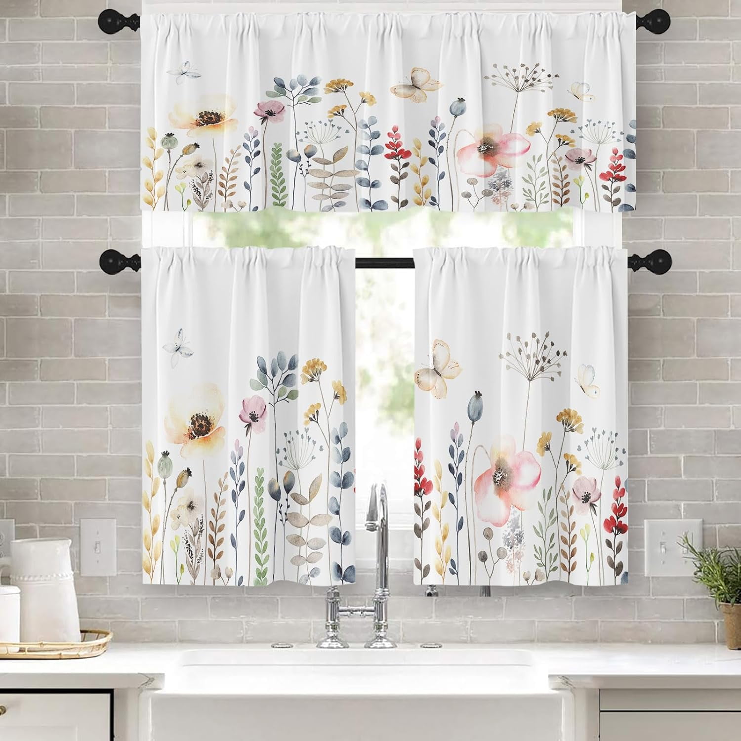 Watercolor Floral Kitchen Curtains Window Curtains Valance and Tier Set 36 Inch, Colorful ...