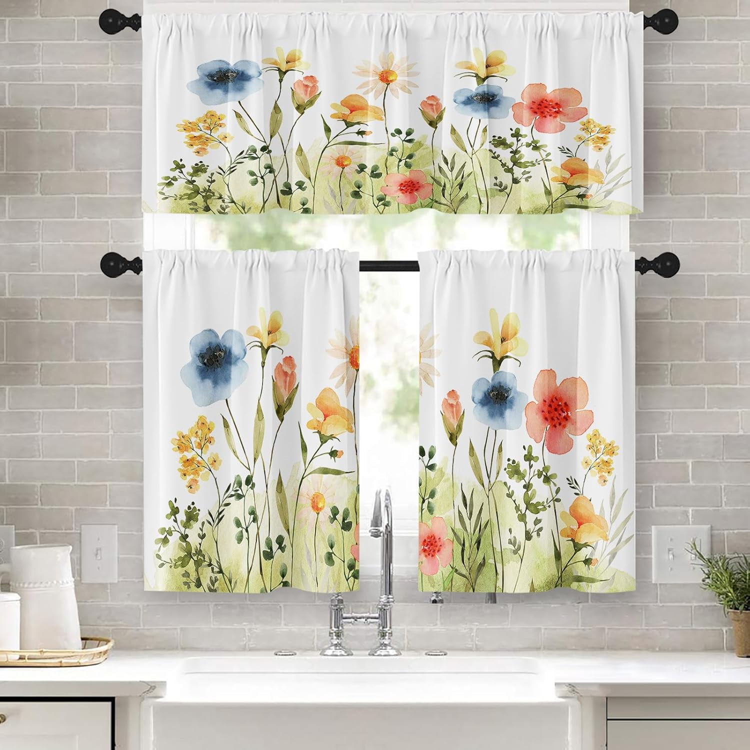 Watercolor Floral Kitchen Curtains Window Curtains Valance and Tier Set , Border of Multi ...