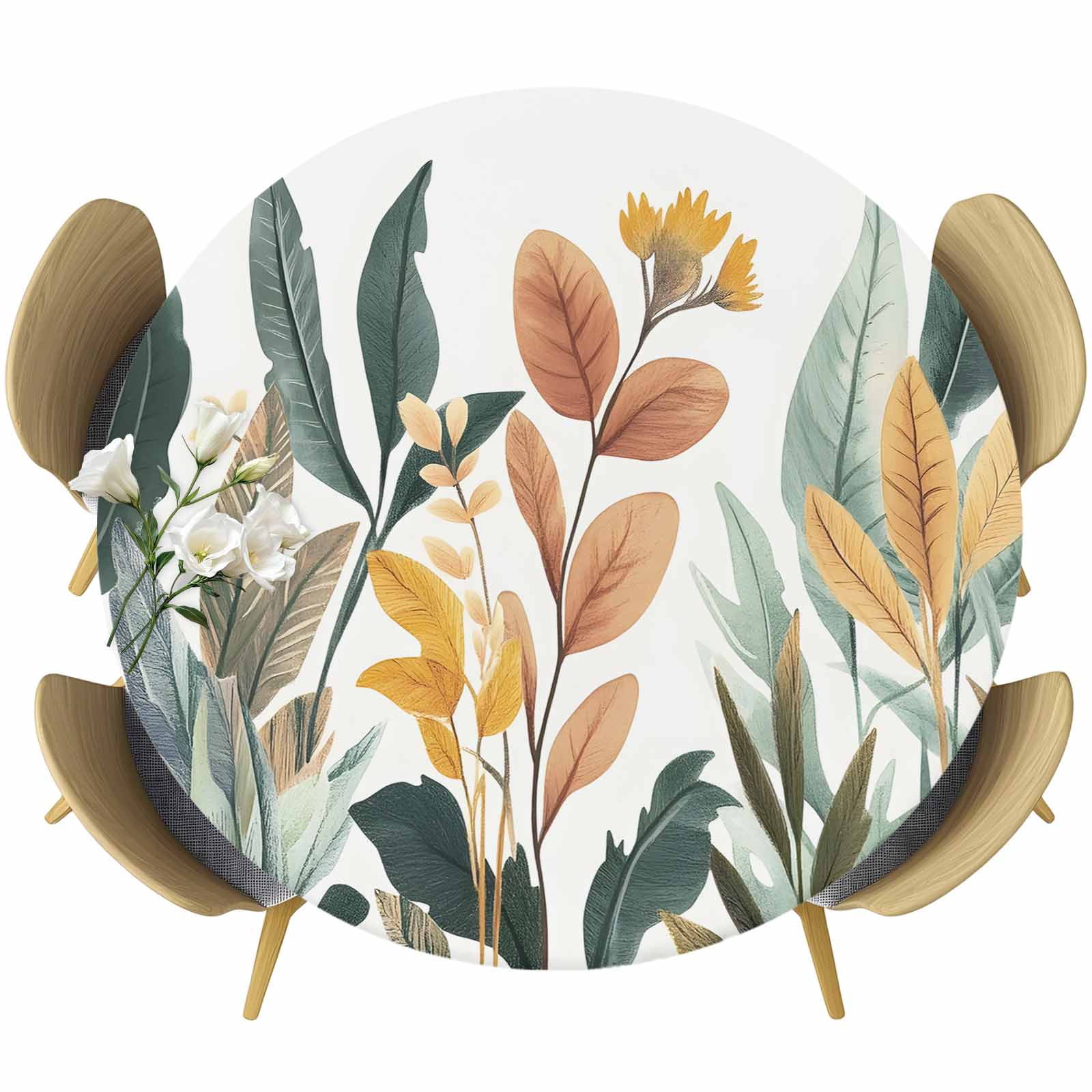 Watercolor Floral Leaves Round Tablecloth 55-60 Inch Round Fitted Table ...