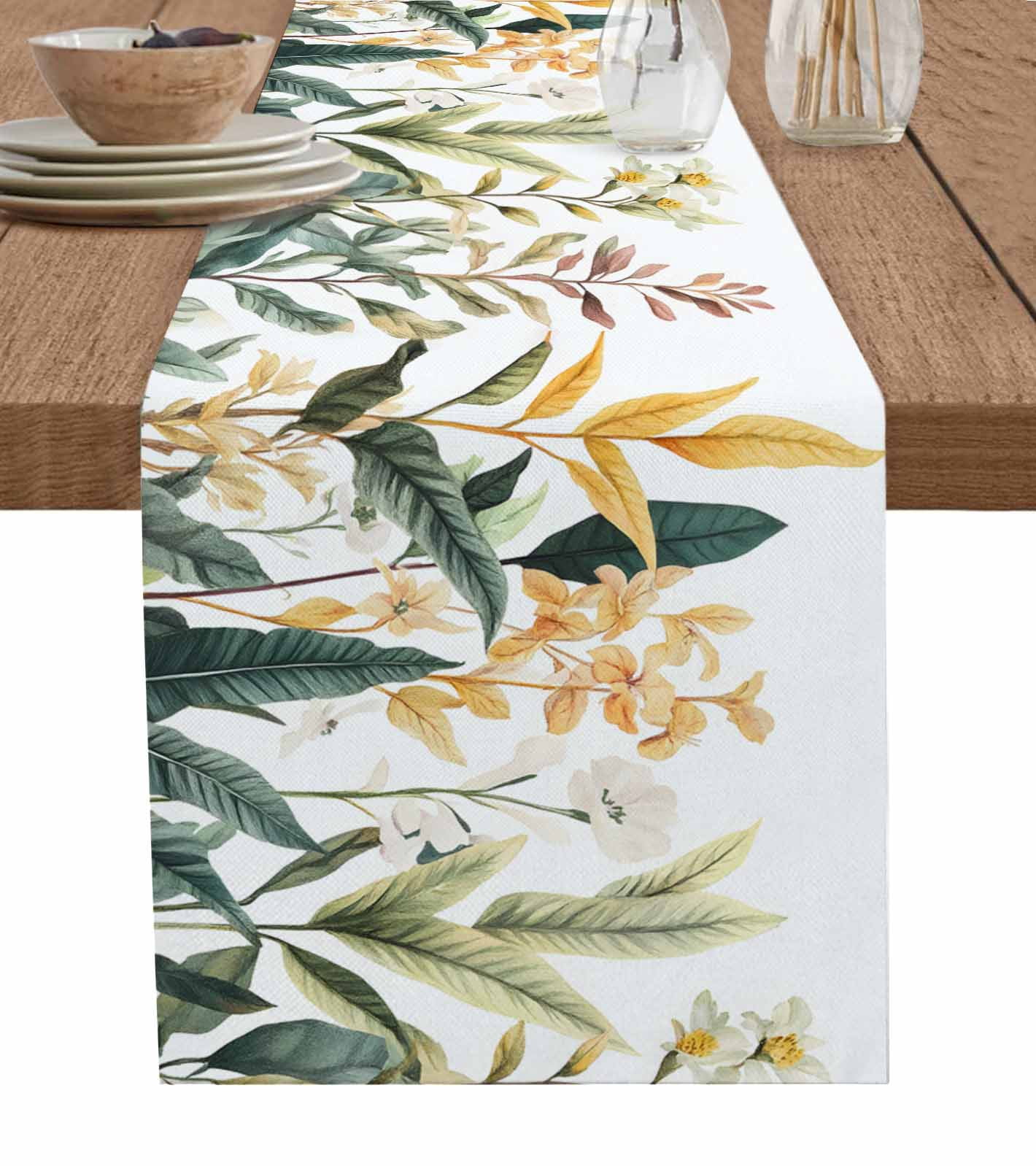 Watercolor Floral Leaves Table Runner 70 Inches, Farmhouse Tropical ...