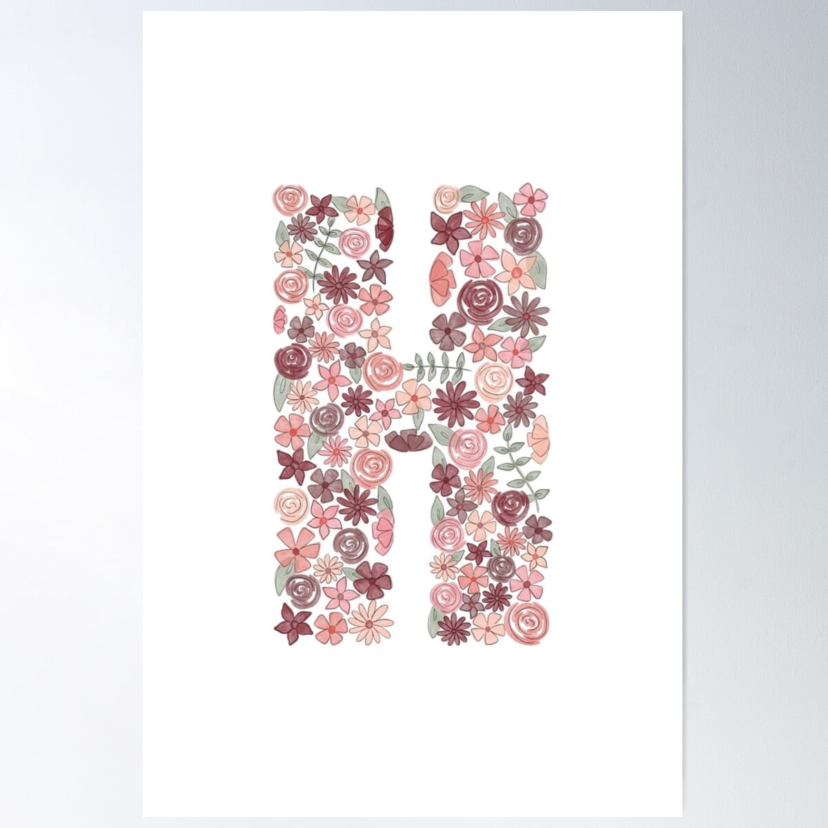 Watercolor Floral Letter H Poster Wall Art, Modern Wall Decor For ...
