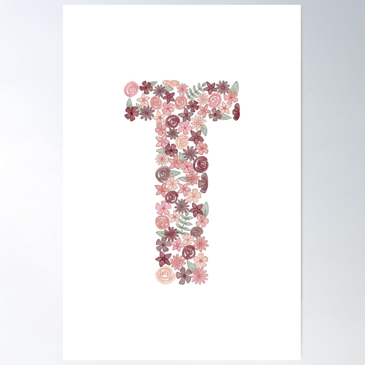 Watercolor Floral Letter T Poster Wall Art, Modern Wall Decor For ...
