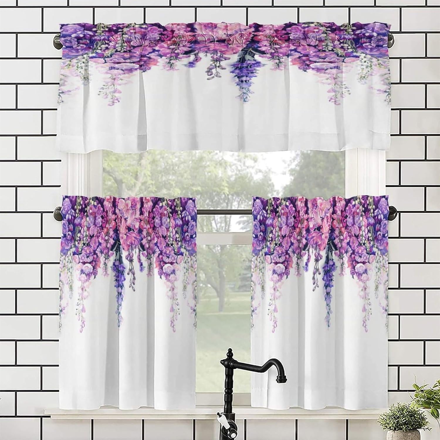 Watercolor Floral Lilac Kitchen Valances Tier Curtains,Vintage Rustic ...