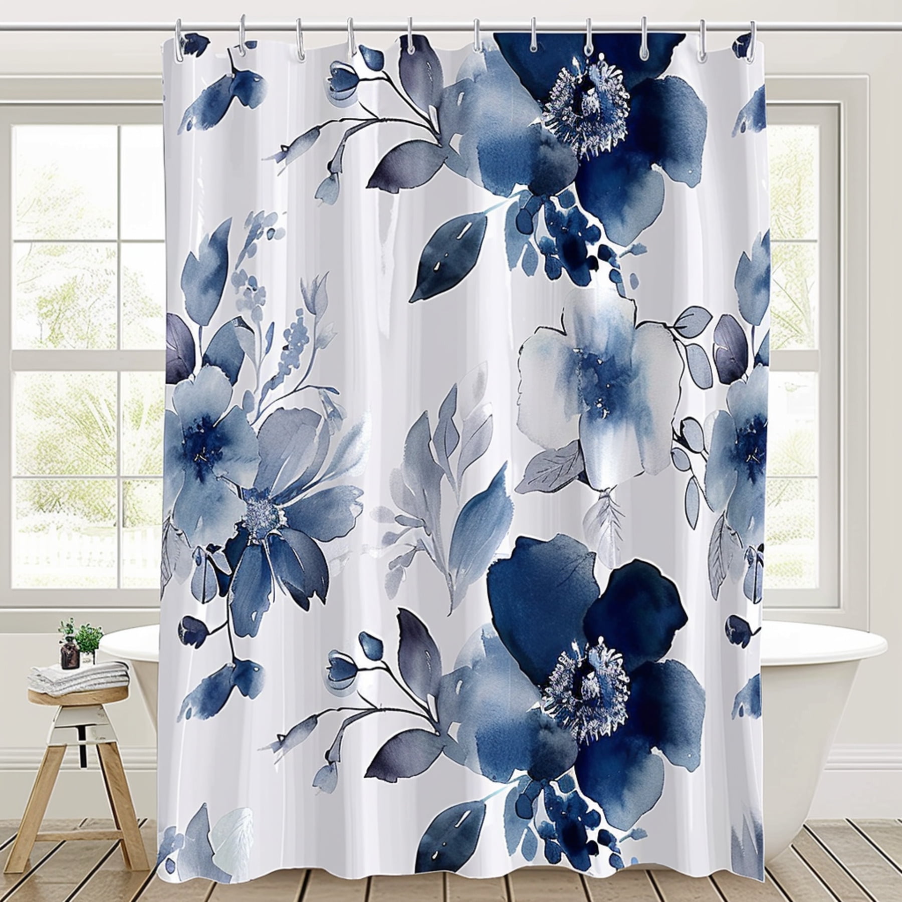 Watercolor Floral Navy Blue and White Large Flowers Shower Curtain ...