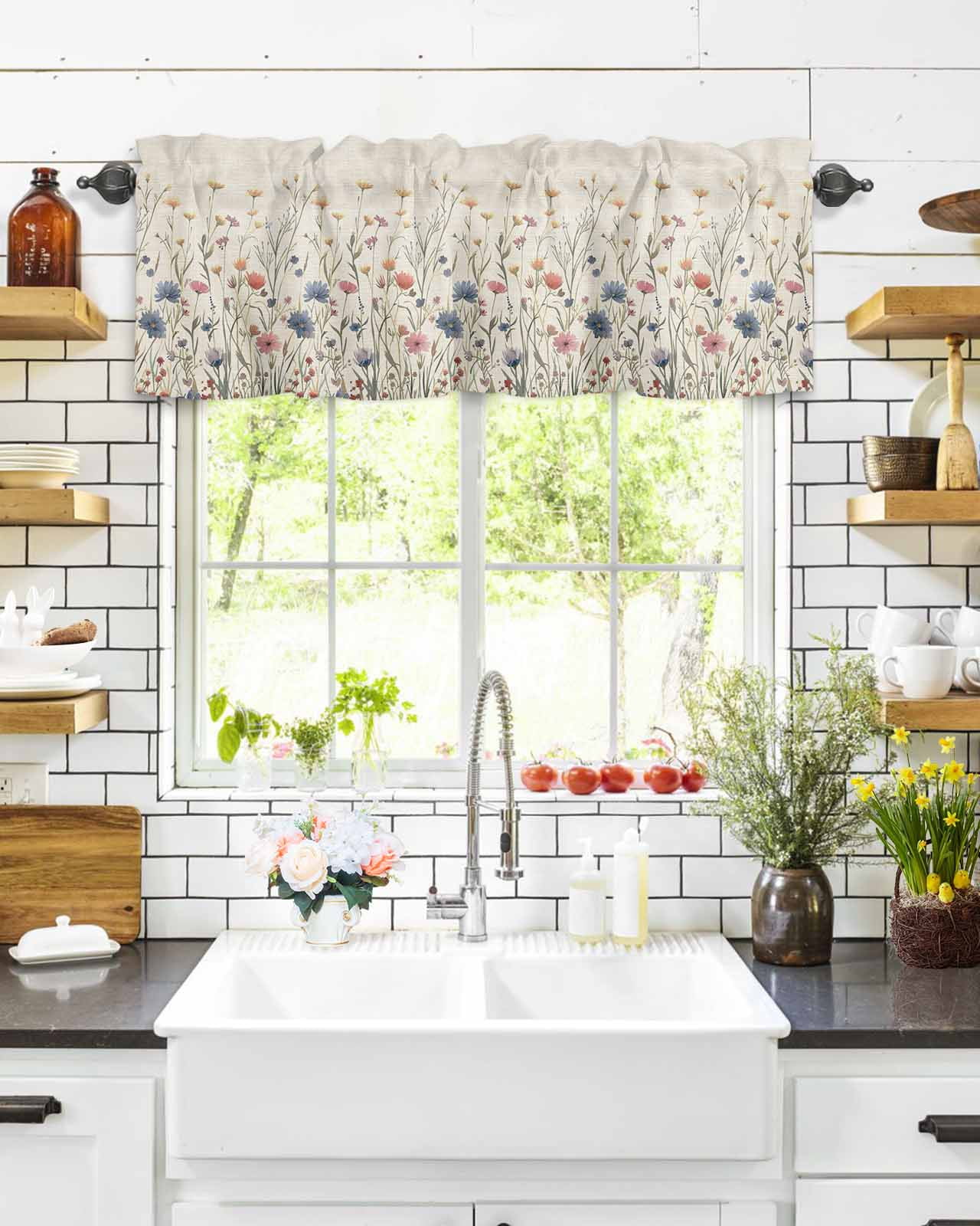 Watercolor Floral Pastoral Daisy Window Valances for Kitchen,Rod Pocket ...