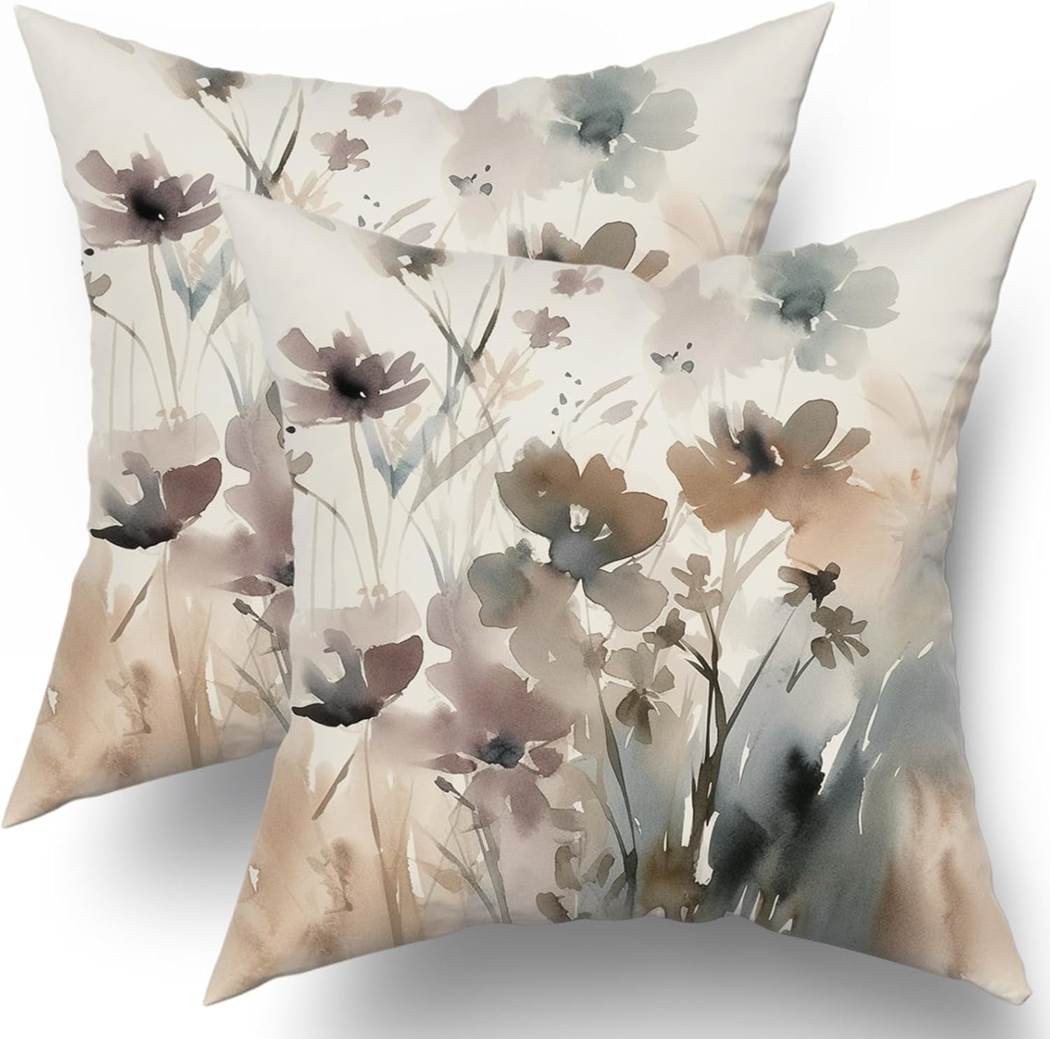 Watercolor Floral Pillow Covers 16x16 Set of 2 Rustic Brown Grey Cream ...