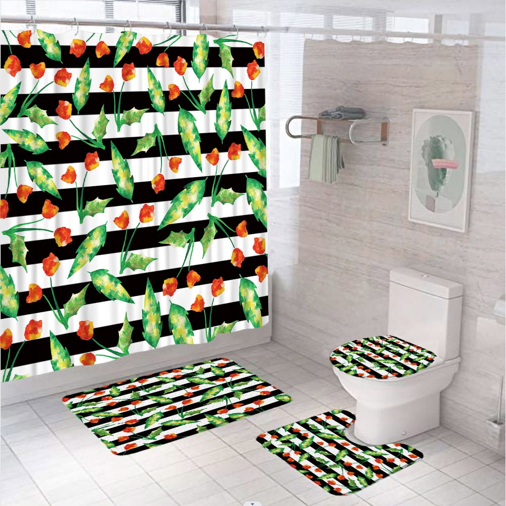 Watercolor Floral Plant Shower Curtain Sets for Bathroom Non-Slip Rug ...