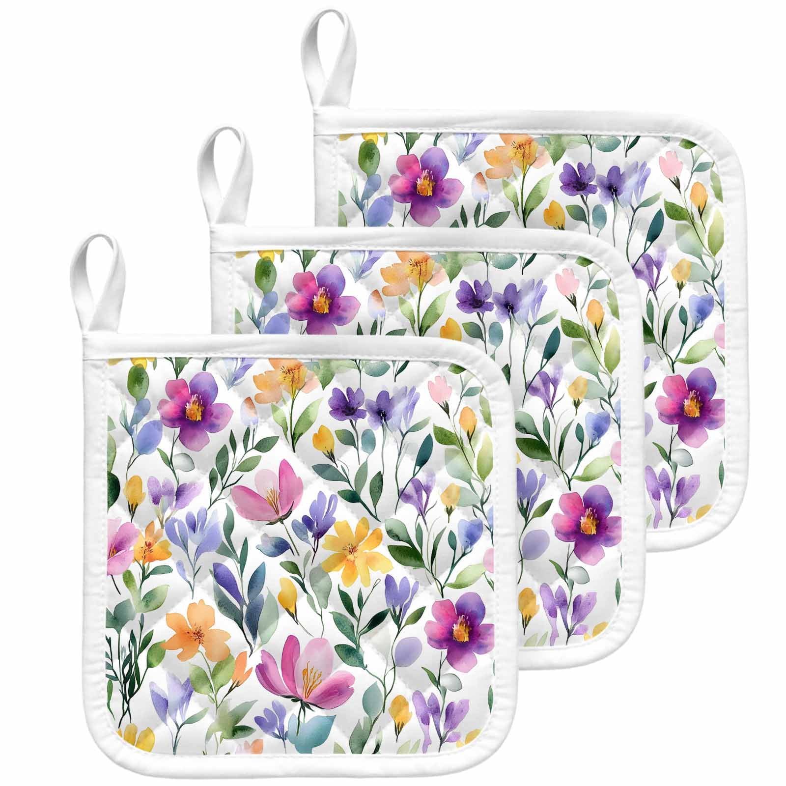 Watercolor Floral Pot Holders for Kitchen Heatproof Potholder, 3 Pack ...