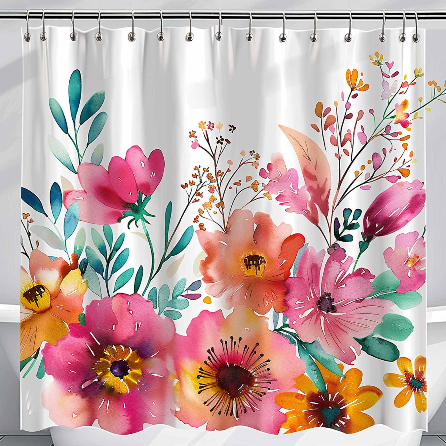 Watercolor Floral Print Shower Curtain White Background with Pink ...