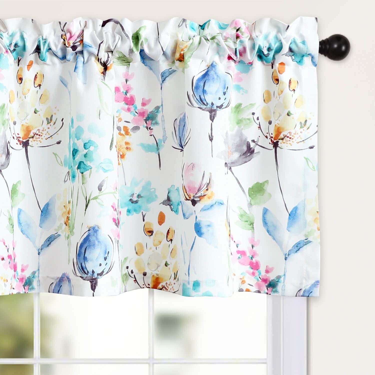 Watercolor Floral Printed Curtain Valances, Elegant Multi-Color Flowers ...