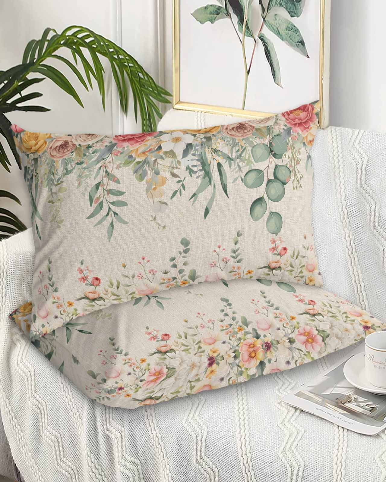 Watercolor Floral Queen Pillow Cases Set of 2 - Microfiber Bed Throw ...
