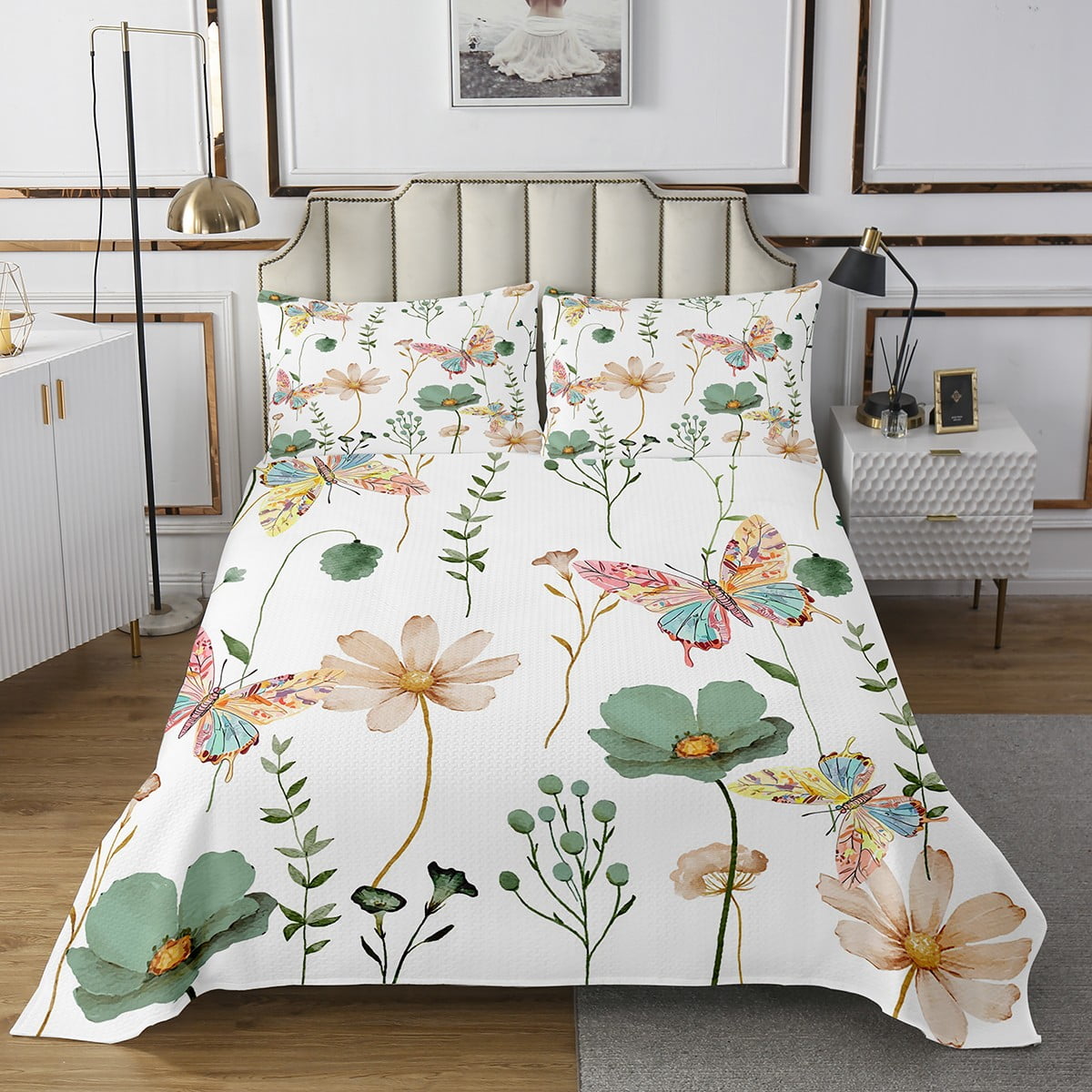 Watercolor Floral Quilt Set Queen, Sage Green Beige Flower Butterfly ...
