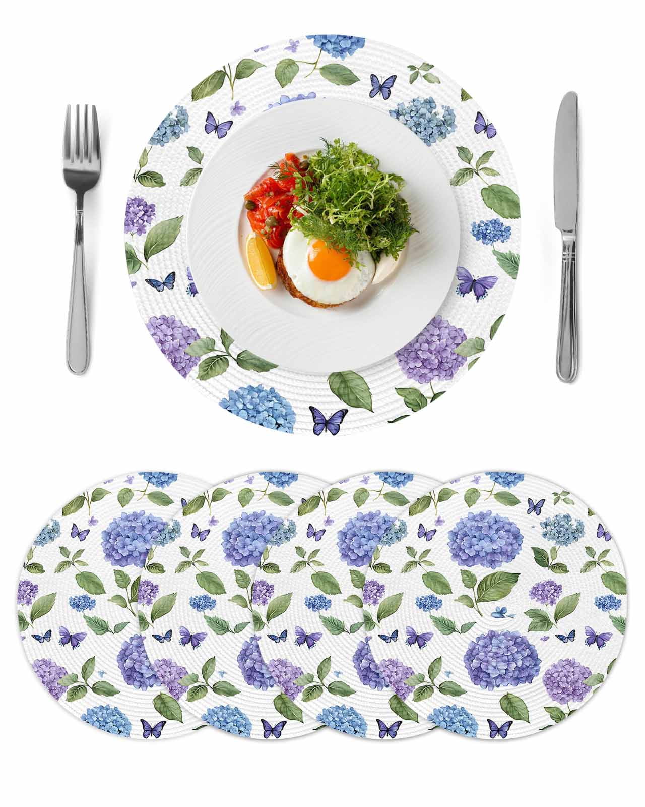 Watercolor Floral Round Table Placemats set of 4, Purple Hydrangeas ...