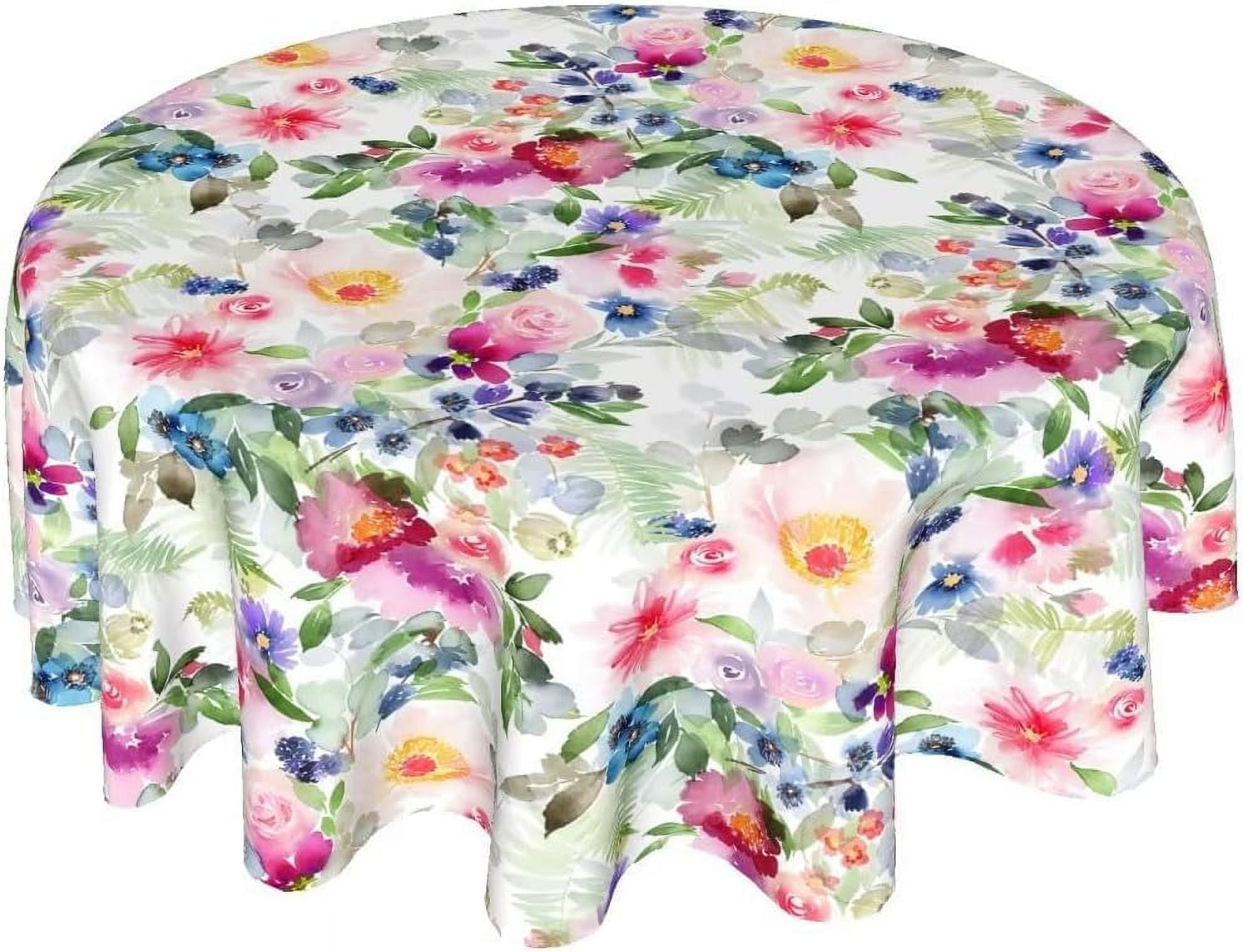 Watercolor Floral Round Tablecloth 60 Inch Spring Summer Pink Bule ...