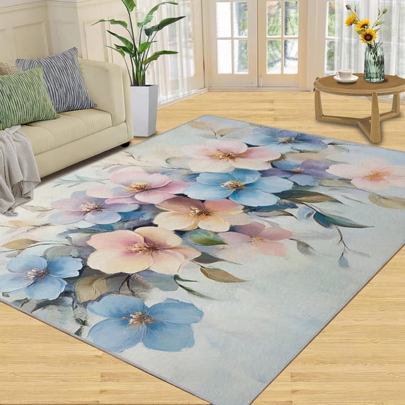 Watercolor Floral Rug, Cherry Blossom Area Rugs for Living Room, Spring ...