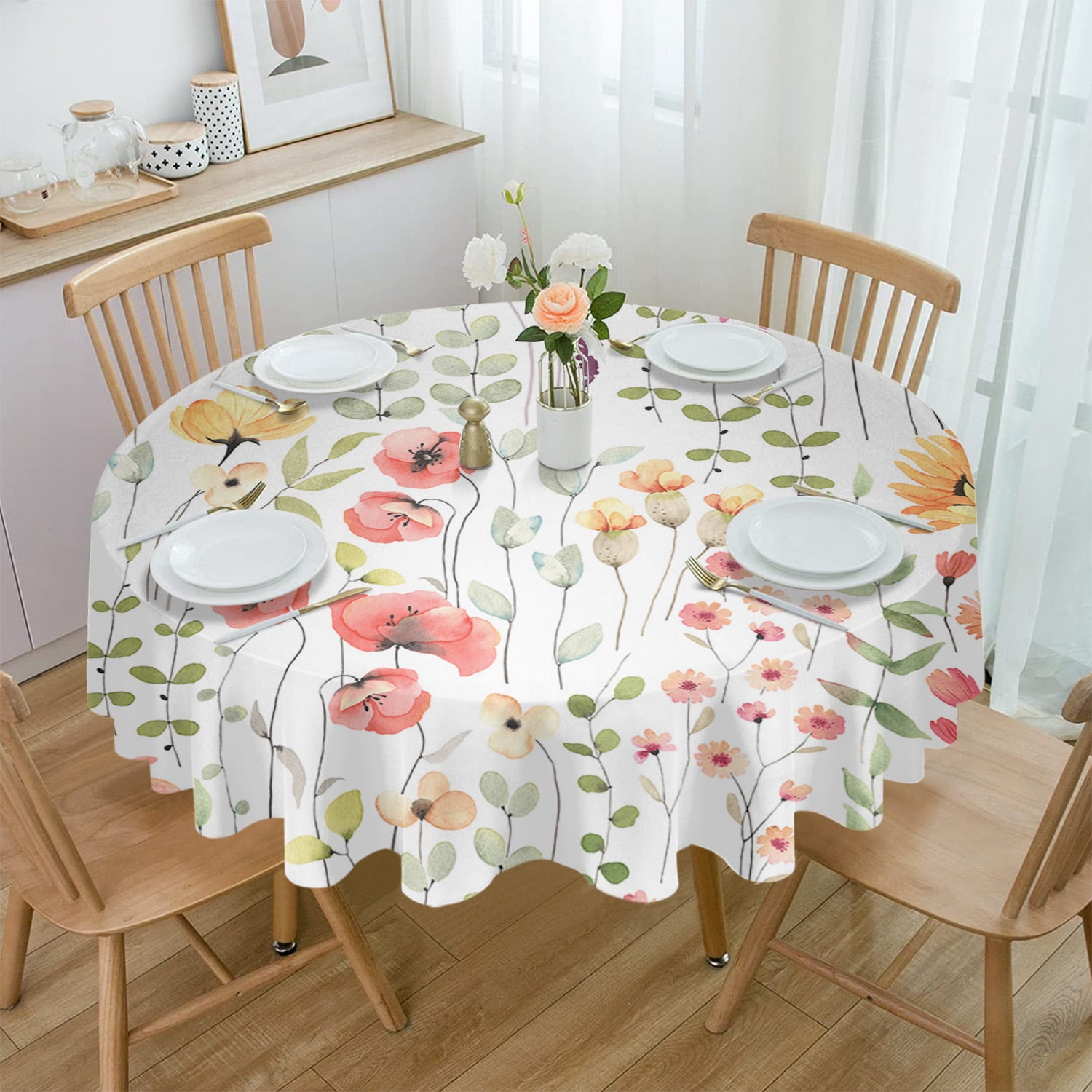 Watercolor Floral Rustic Vintage Round Tablecloth Waterproof Table ...