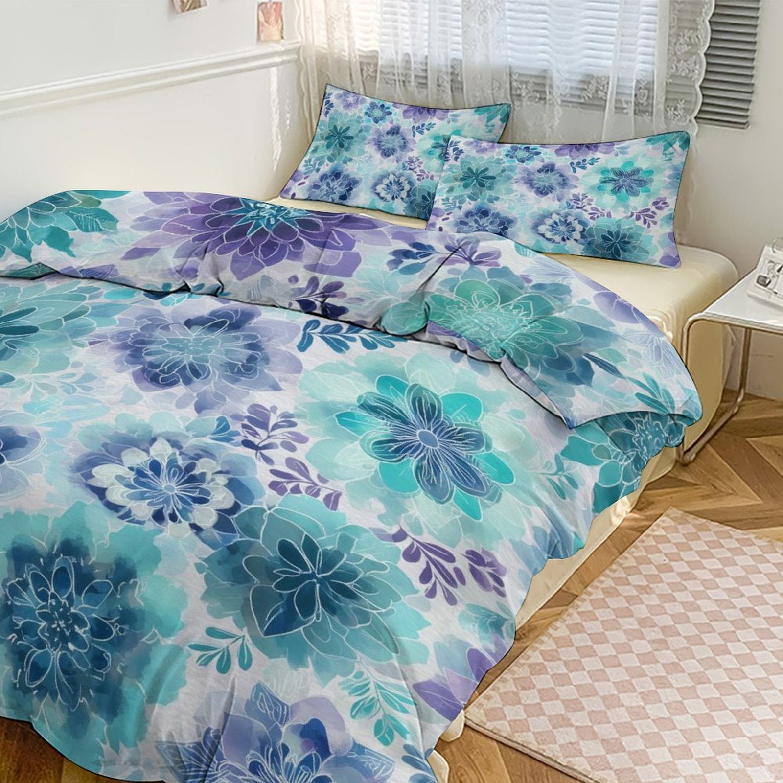 Watercolor Floral Seamless Pattern Teal Blue Purple Bedding Set with ...