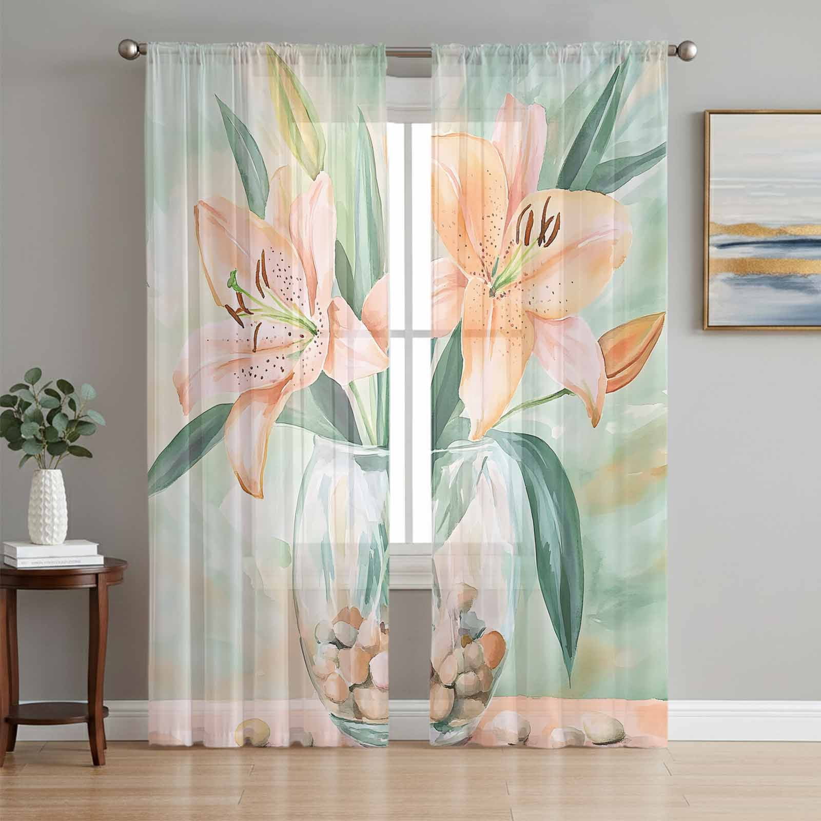 Watercolor Floral Sheer Curtains 72 Inch Length 2 Panels Set, Spring ...