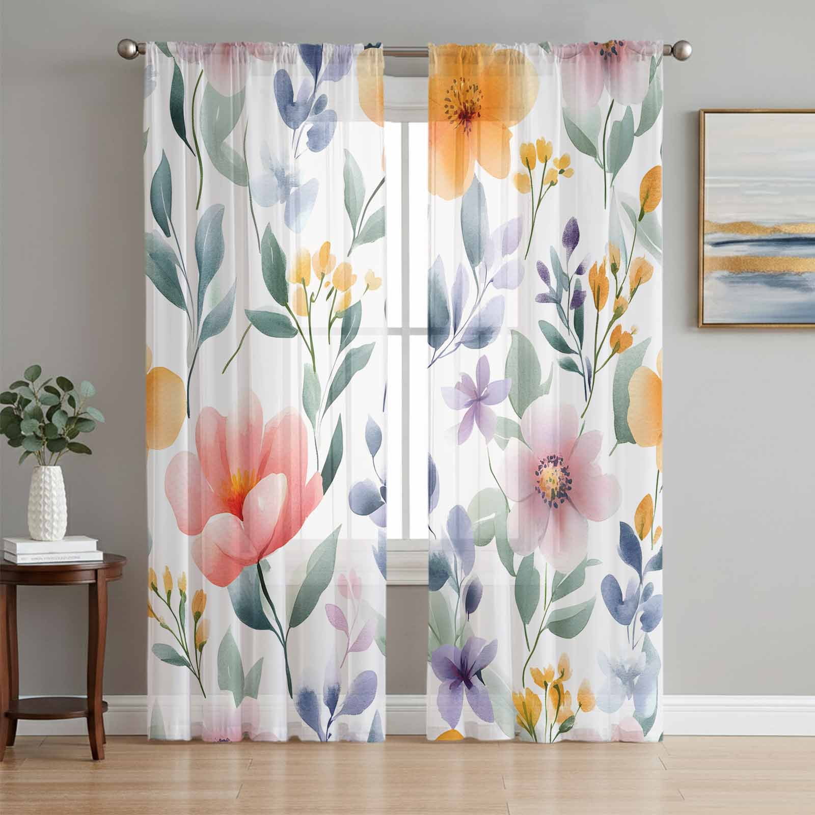 Watercolor Floral Sheer Curtains 84 Inch Length 2 Panels Set, Vintage ...