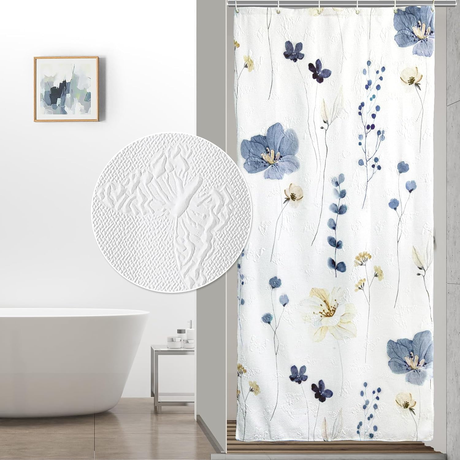 Watercolor Floral Shower Curtain, 3D Embossed Butterflies Grey Beige ...