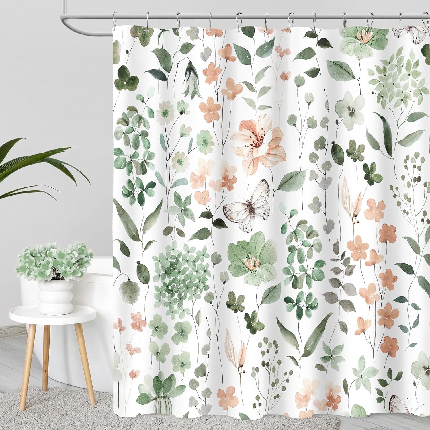 Watercolor Floral Shower Curtain 60x72, Sage Green Flower Fabric Shower ...