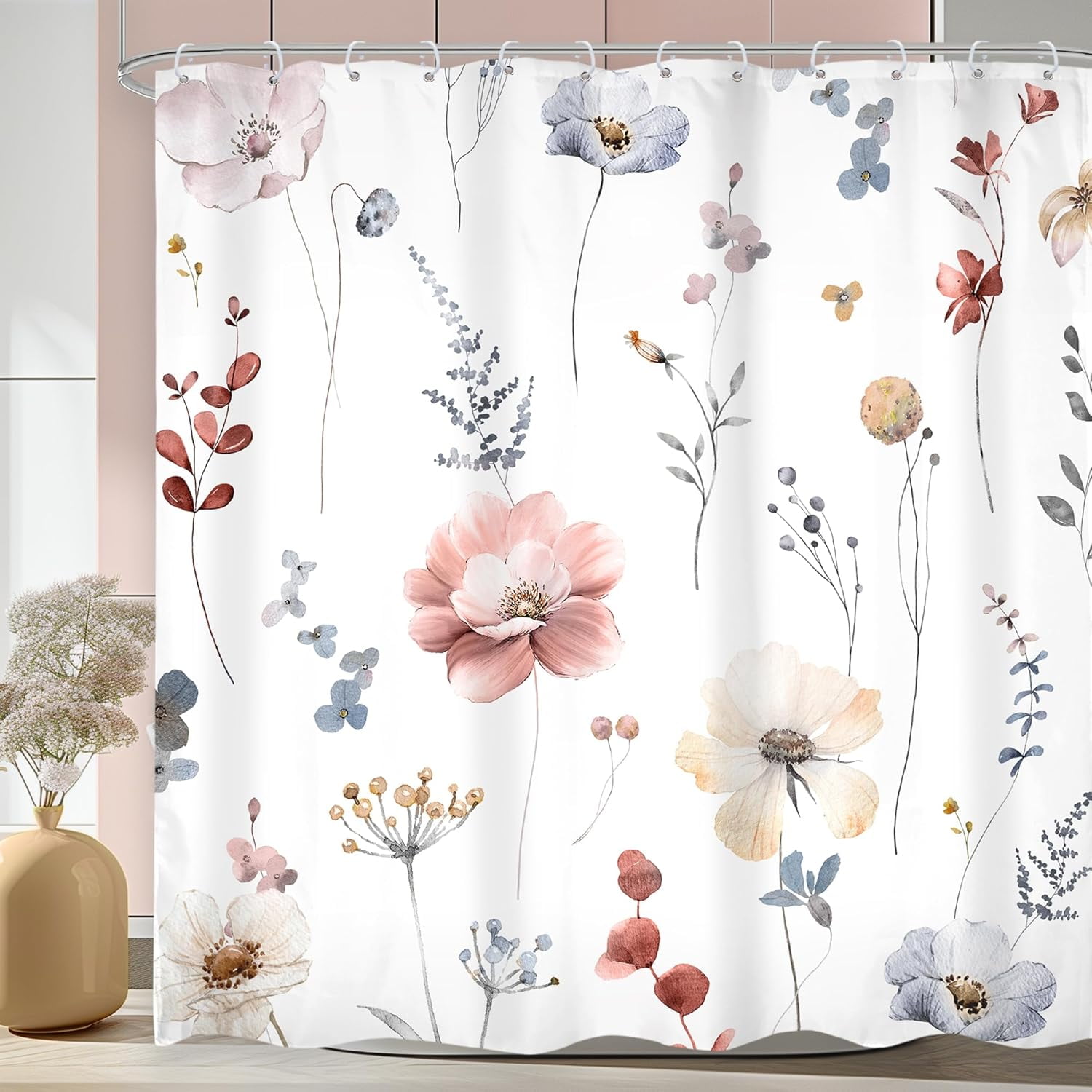 Watercolor Floral Shower Curtain 72Wx72H Inch Spring Coral Pink Flower ...