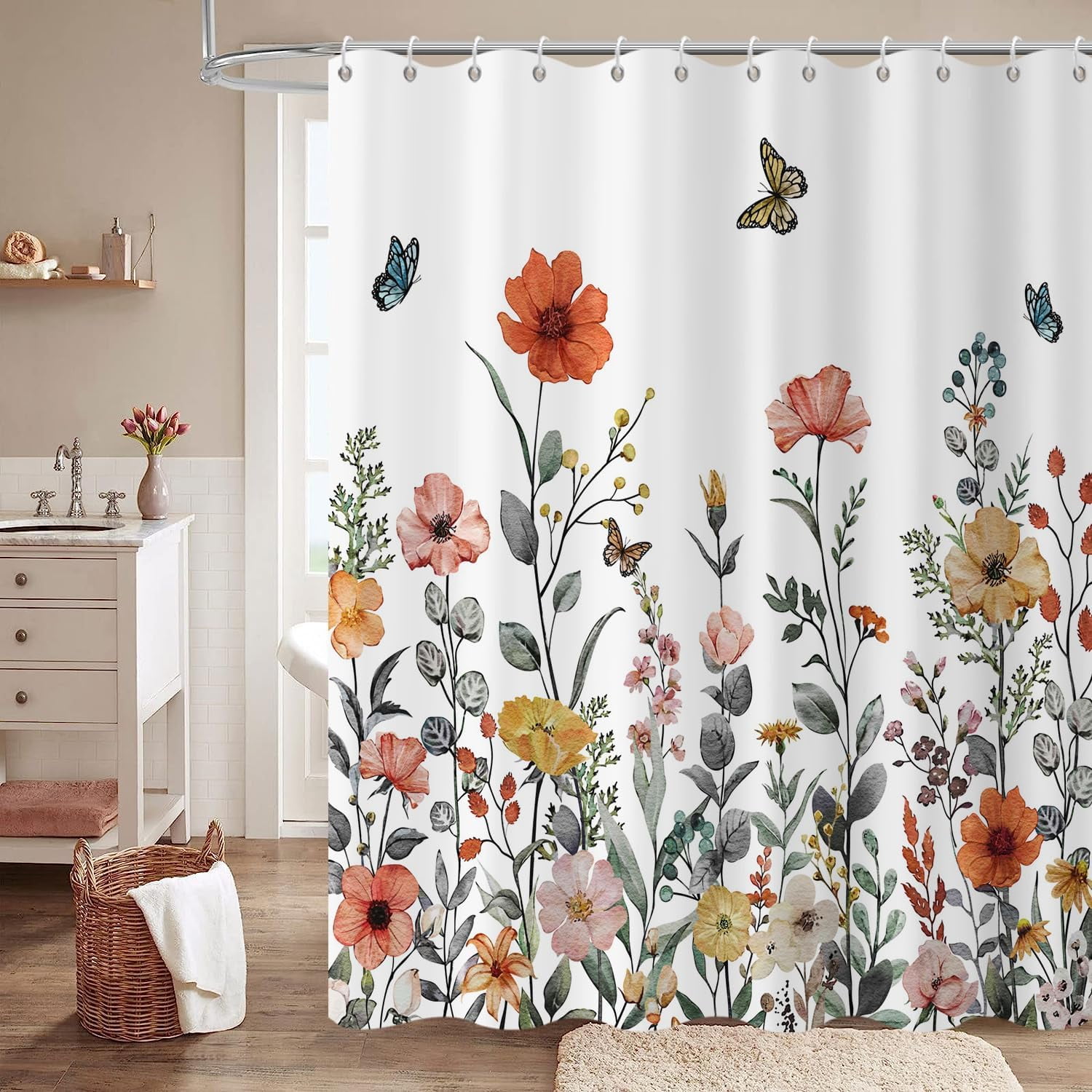 Watercolor Floral Shower Curtain Colorful Wildflower With Butterflies