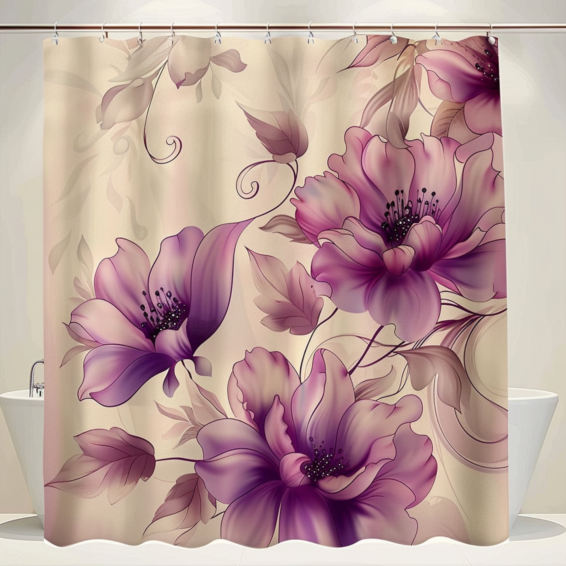 Watercolor Floral Shower Curtain Elegant Beige Background With Purple