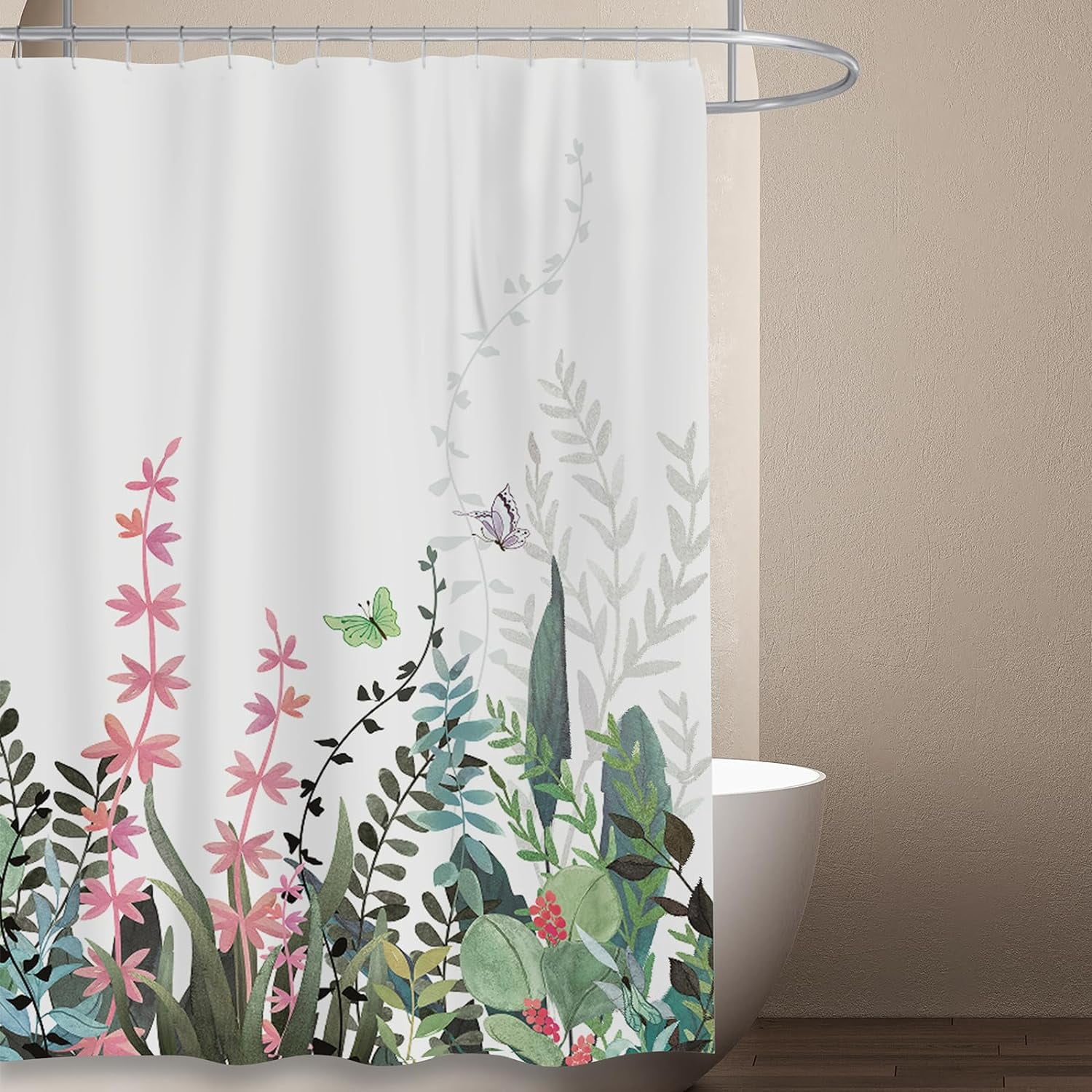 Watercolor Floral Shower Curtain, Green Grass Pink Flowers Shower ...