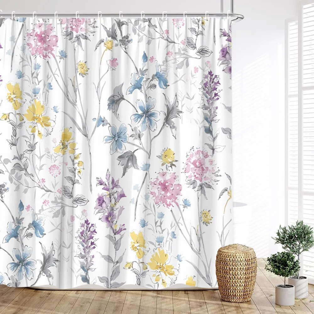 Watercolor Floral Shower Curtain Greenery Spring Butterfly Farm Leaves