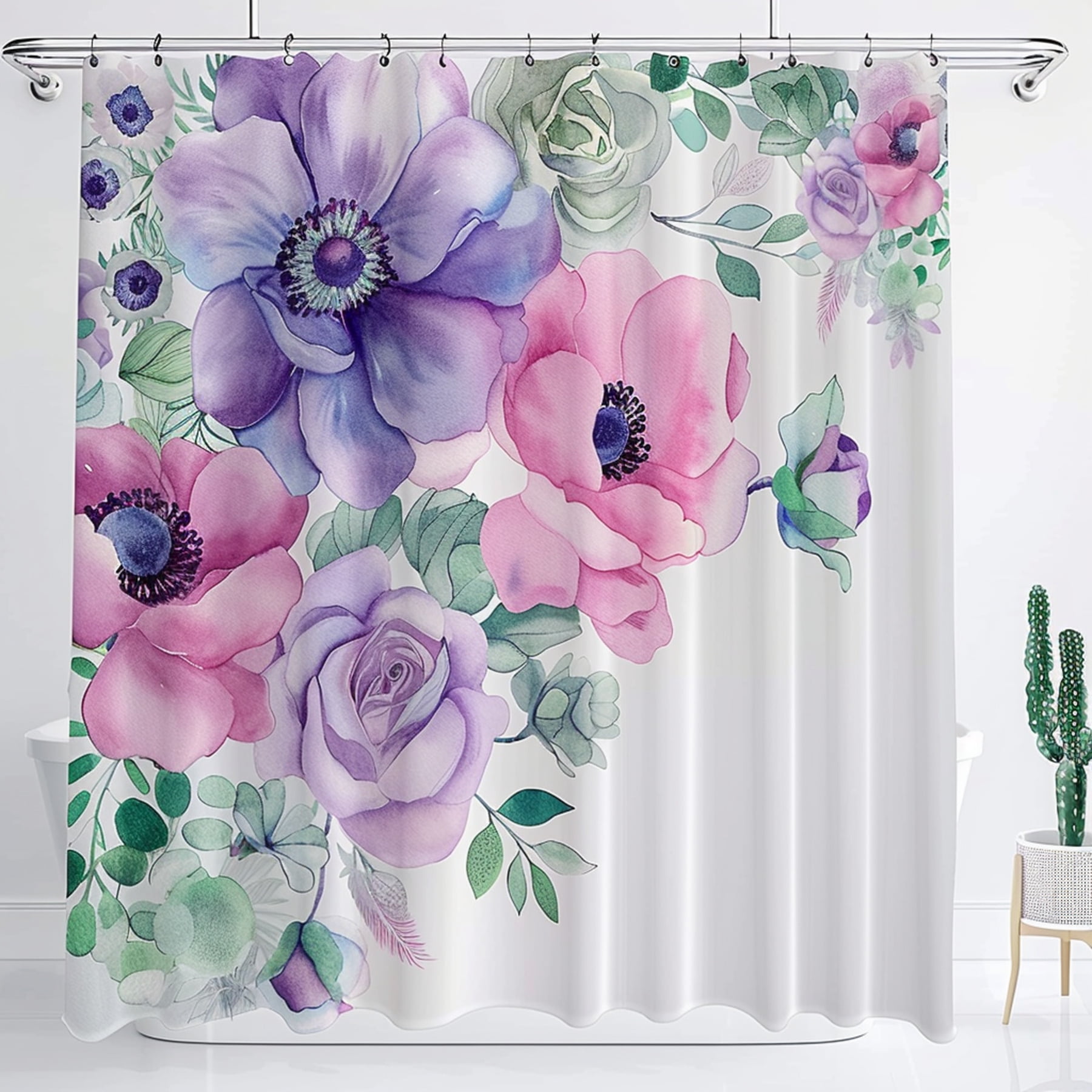 Watercolor Floral Shower Curtain Pastel Purple Pink And Green Flowers