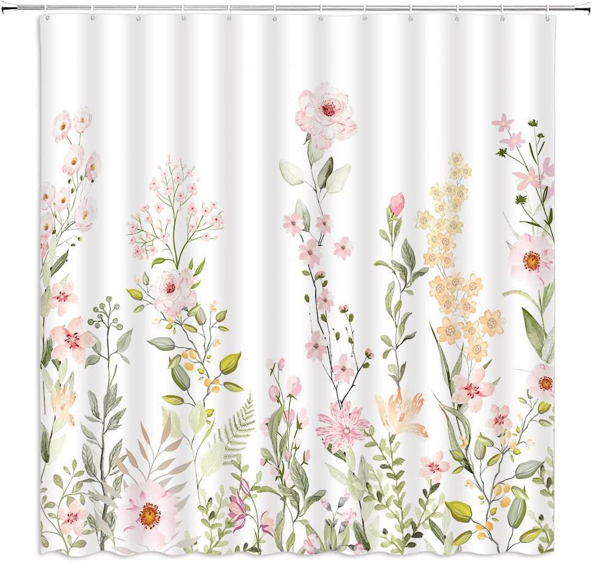 Watercolor Floral Shower Curtain Pink Wildflowers Green Leaves Spring ...