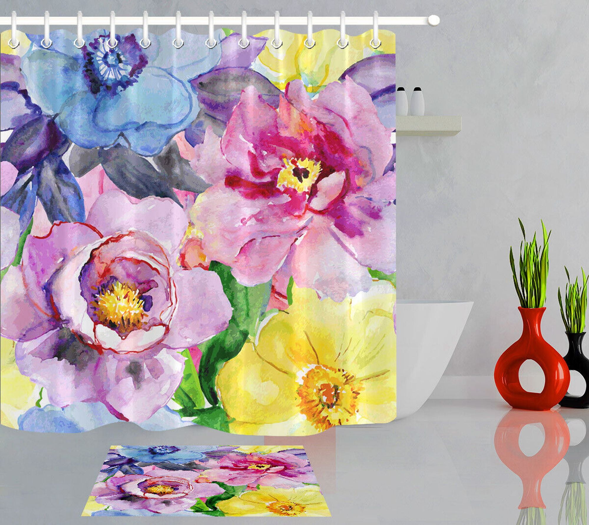 Watercolor Floral Shower Curtain Set Elegant Blossom Design With