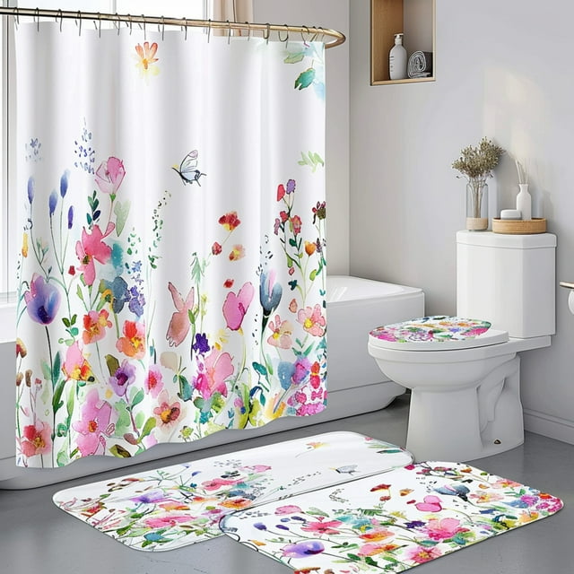 Watercolor Floral Shower Curtain Set Roses Daisies Butterflies Colorful