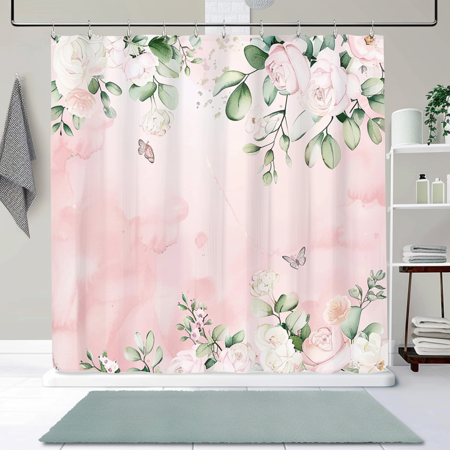 Watercolor Floral Shower Curtain Set with Roses and Eucalyptus Pink Bathroom Decor with ...