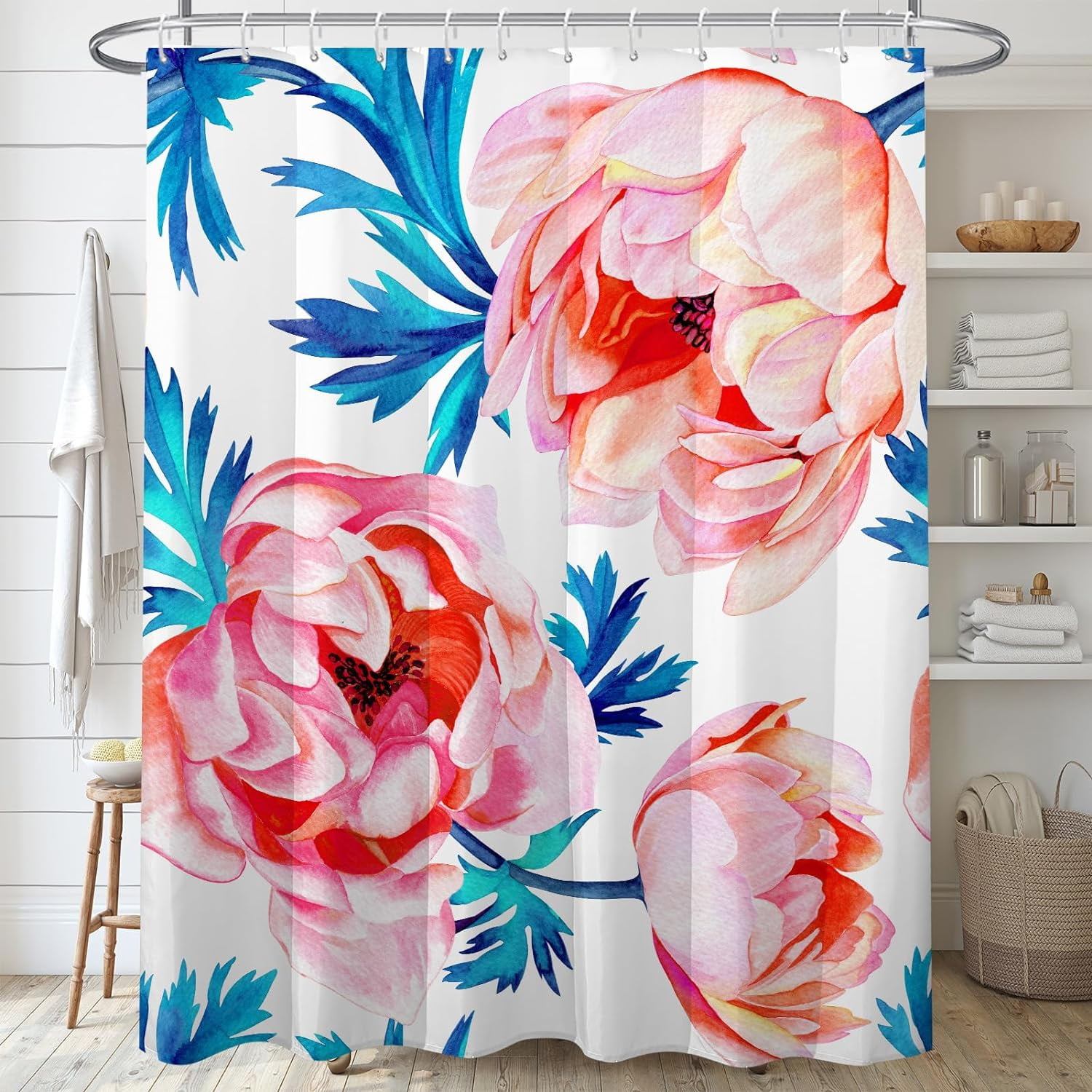 Watercolor Floral Shower Curtain Sets Blush And Teal Leaves Flowers