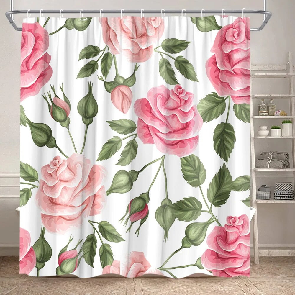 Watercolor Floral Shower Curtain Spring Botanical Green Leaf Farm