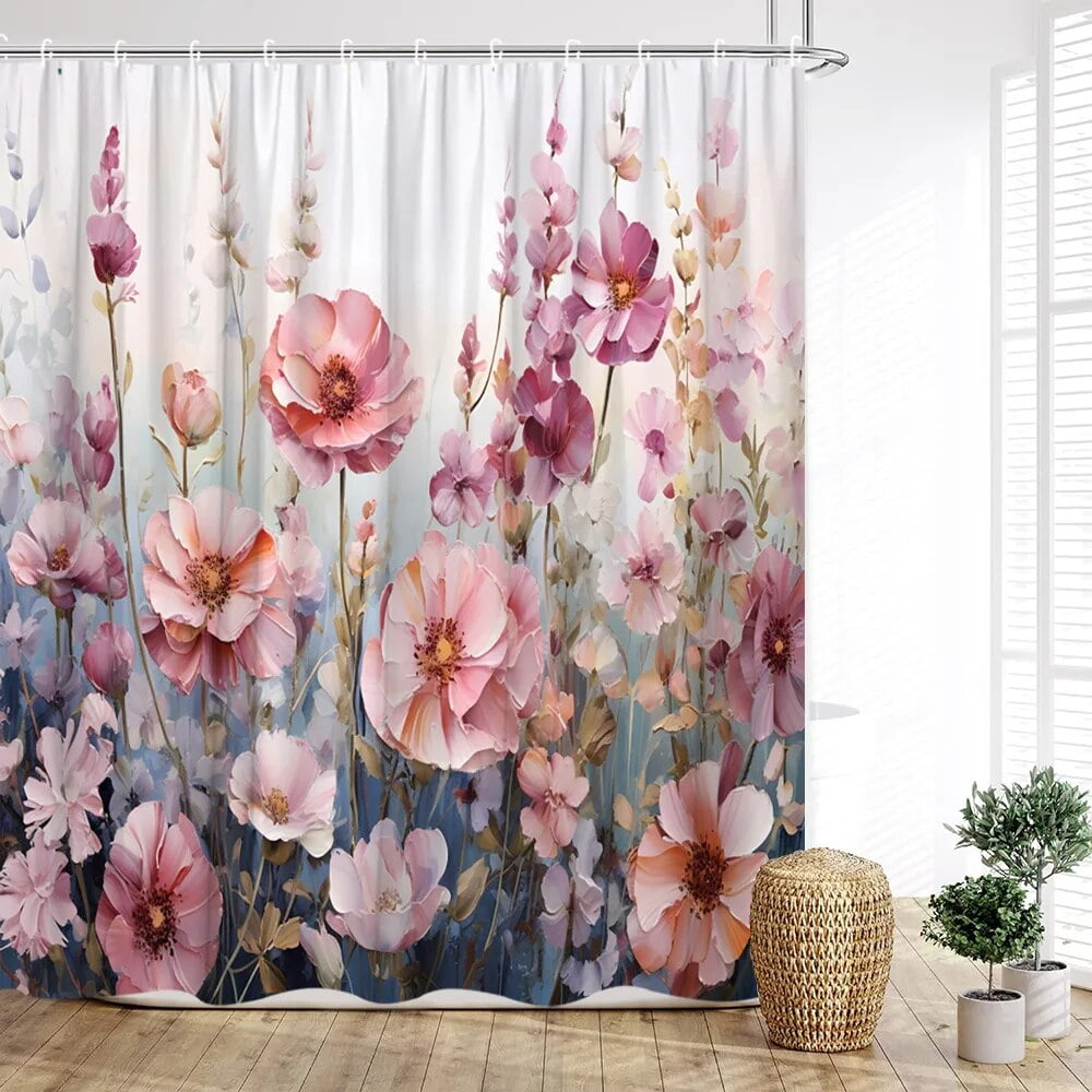 Watercolor Floral Shower Curtain Spring Botanical Leaves Butterfly Farm
