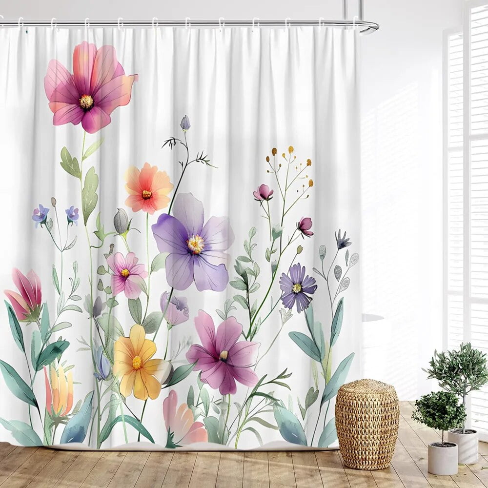 Watercolor Floral Shower Curtain Spring Botanical Leaves Butterfly Farm