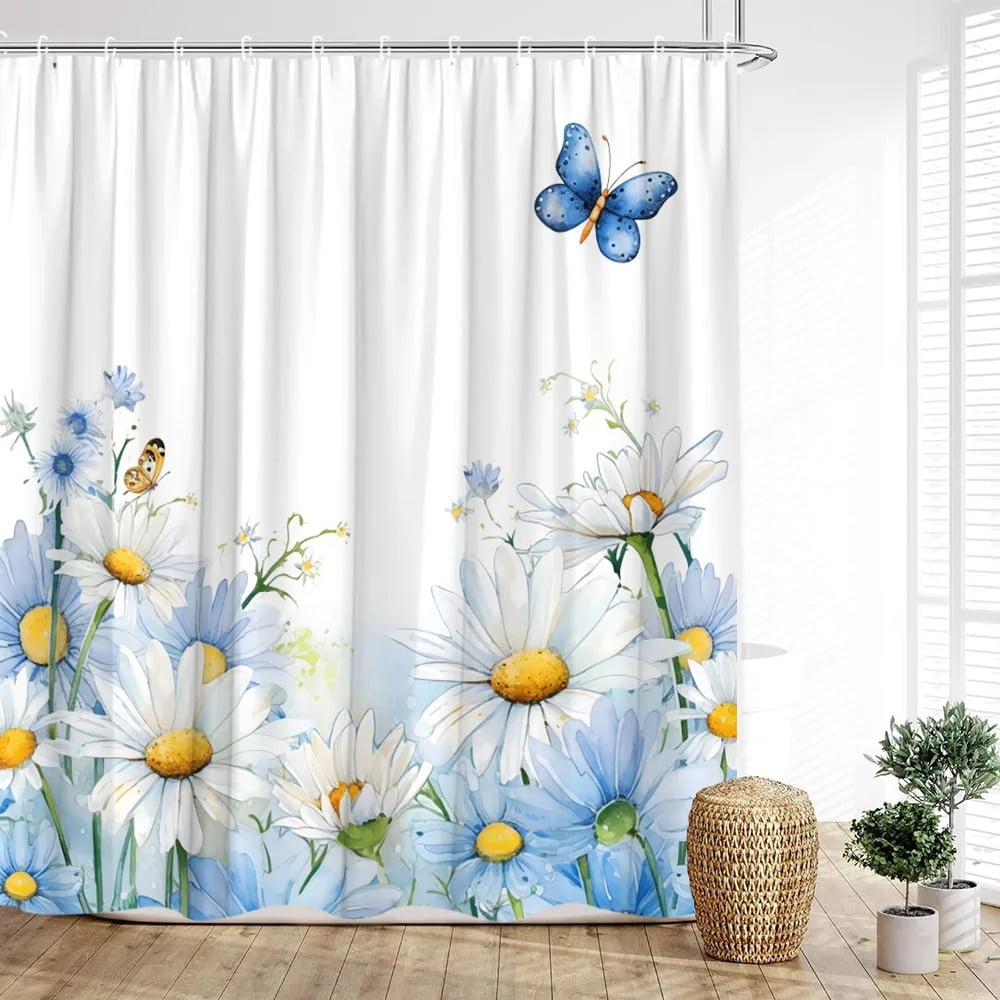 Watercolor Floral Shower Curtain Spring Botanical Leaves Butterfly Farm