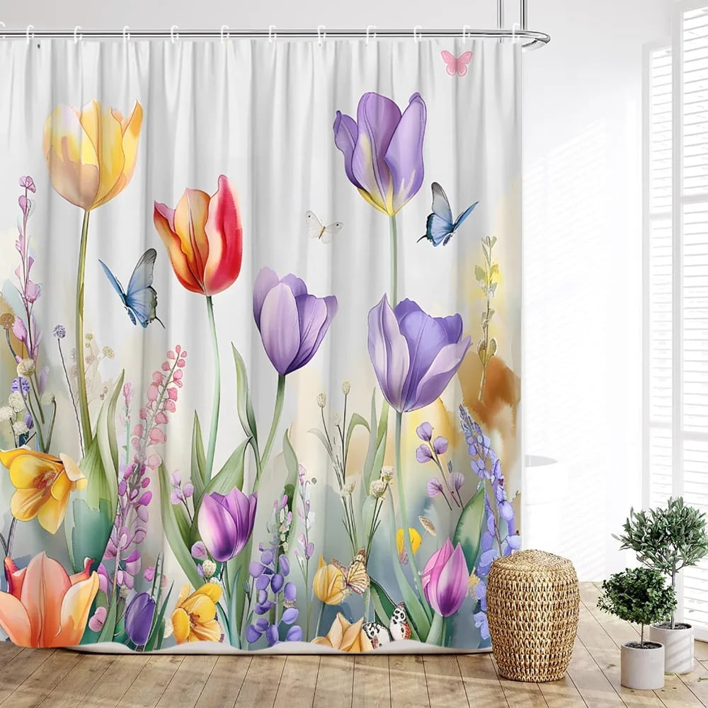 Watercolor Floral Shower Curtain Spring Botanical Leaves Butterfly Farm