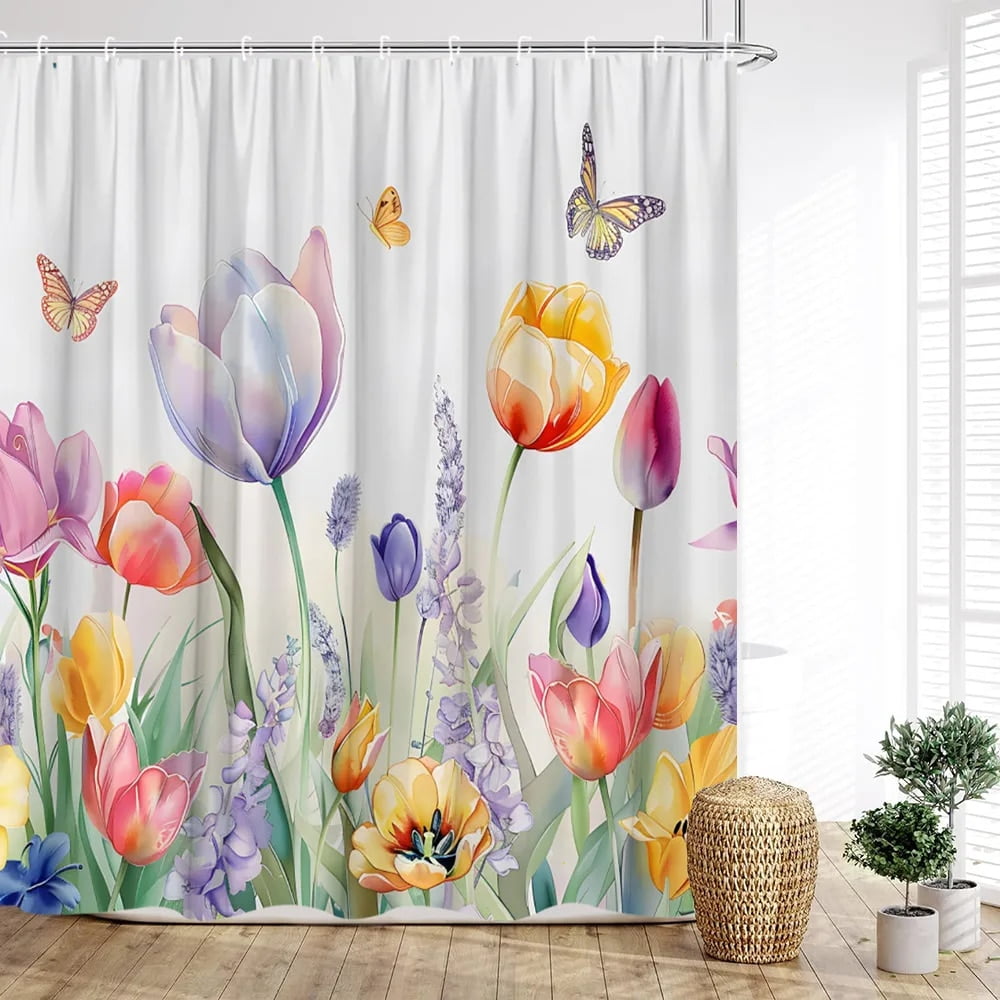 Watercolor Floral Shower Curtain Spring Botanical Leaves Butterfly Farm