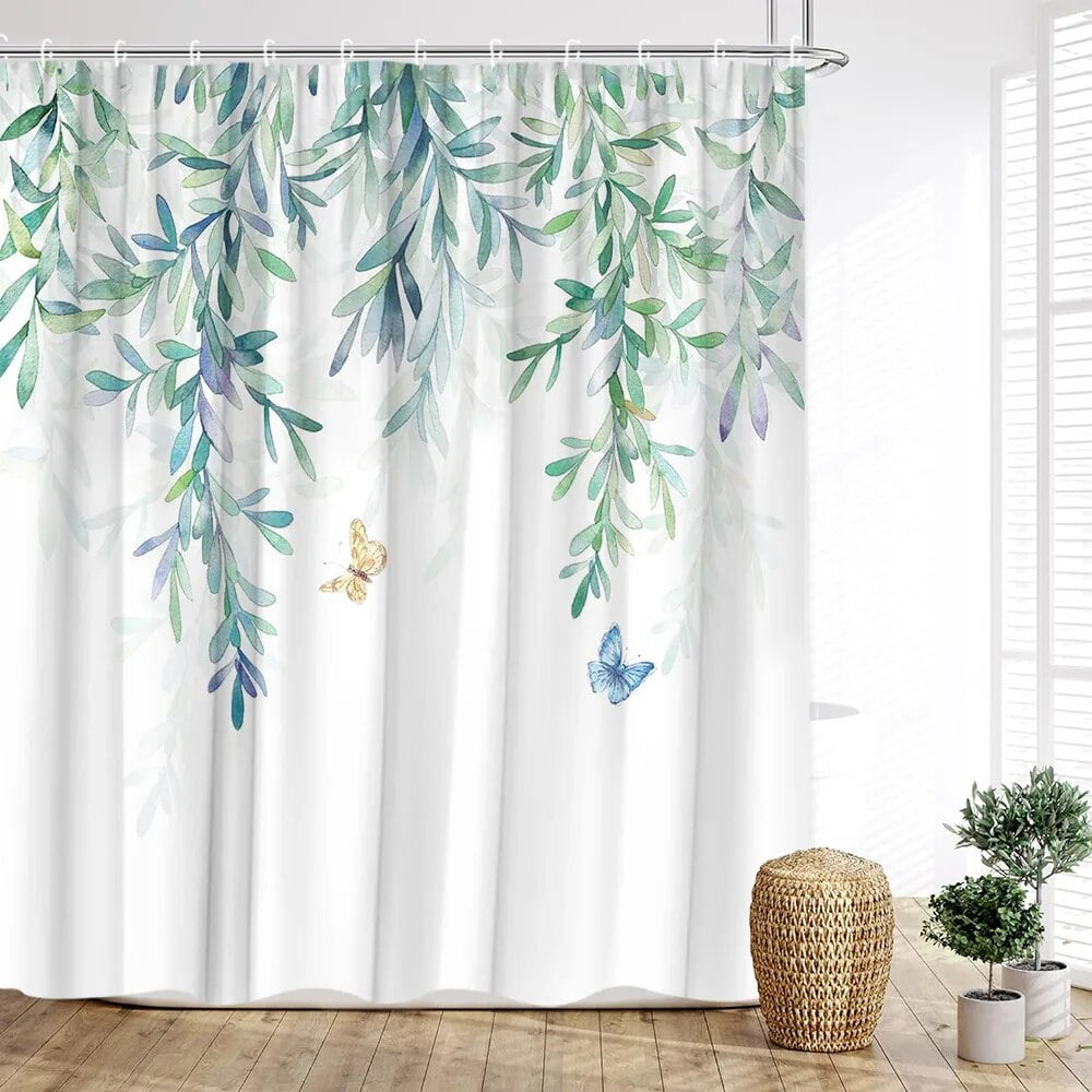 Watercolor Floral Shower Curtain Spring Farm Botanical Green Leave