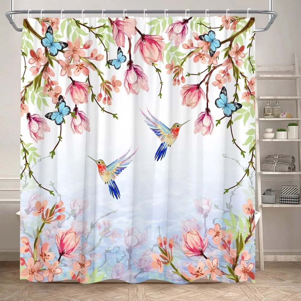 Watercolor Floral Shower Curtain Spring Farm Butterfly Hummingbird
